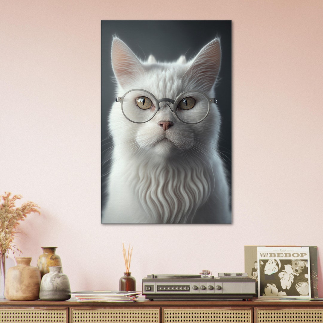 White Cat "the Purrr-fessor" Premium Wall Art for Cat Lovers, Available ...