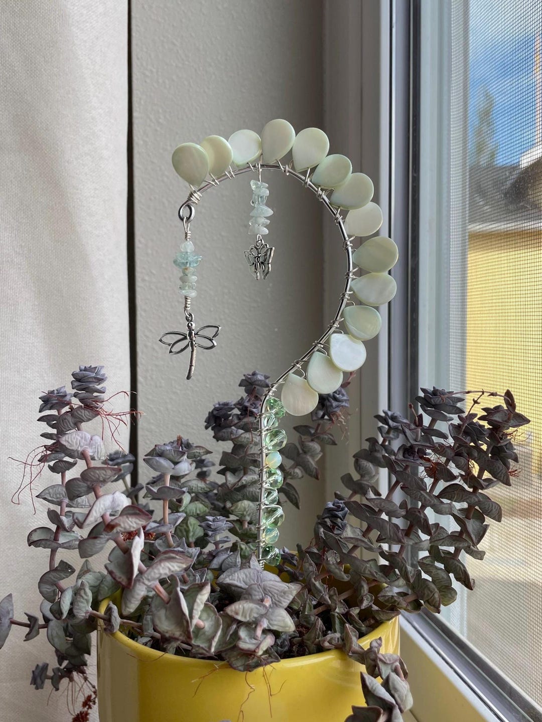 Sage Green Wire-wrapped Plant Stake - Aquamarine, Glass, and Metal ...