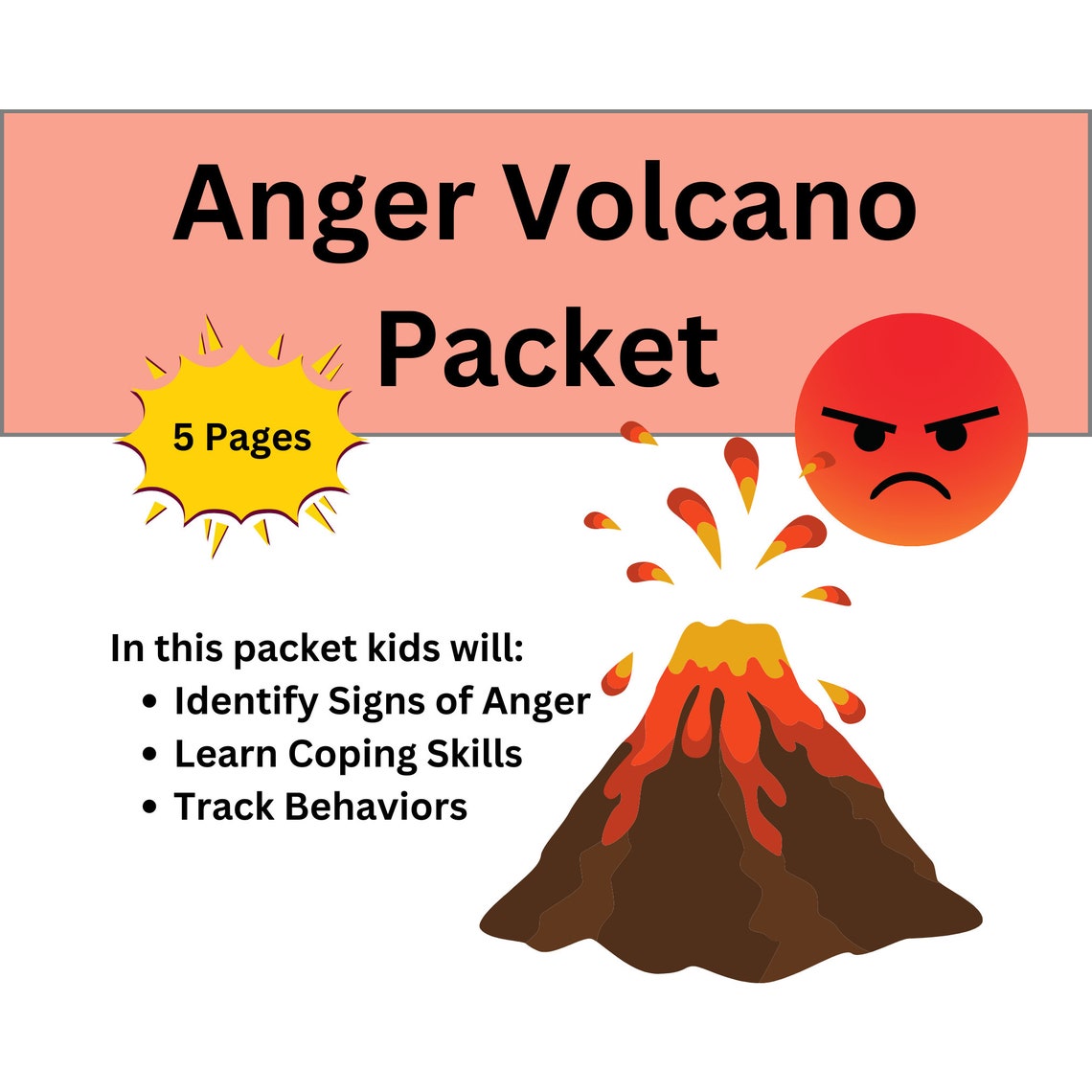 Anger Volcano Worksheet Packet, Kids Worksheets, Mental Health, Therapy ...
