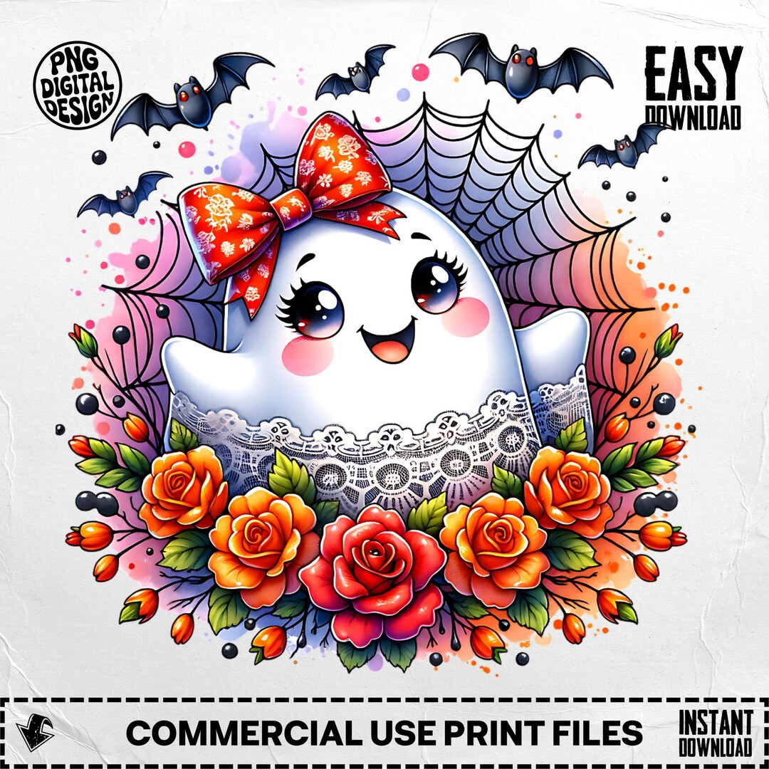 Kawaii Ghost Clipart: Floral Halloween PNG (digital Download ...