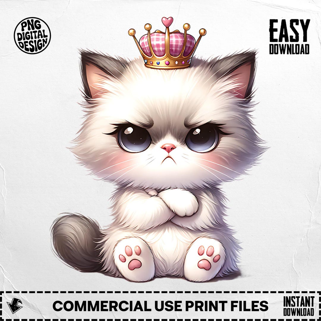 Grumpy Princess Cat PNG: Cartoon Clipart for Sublimation (digital ...