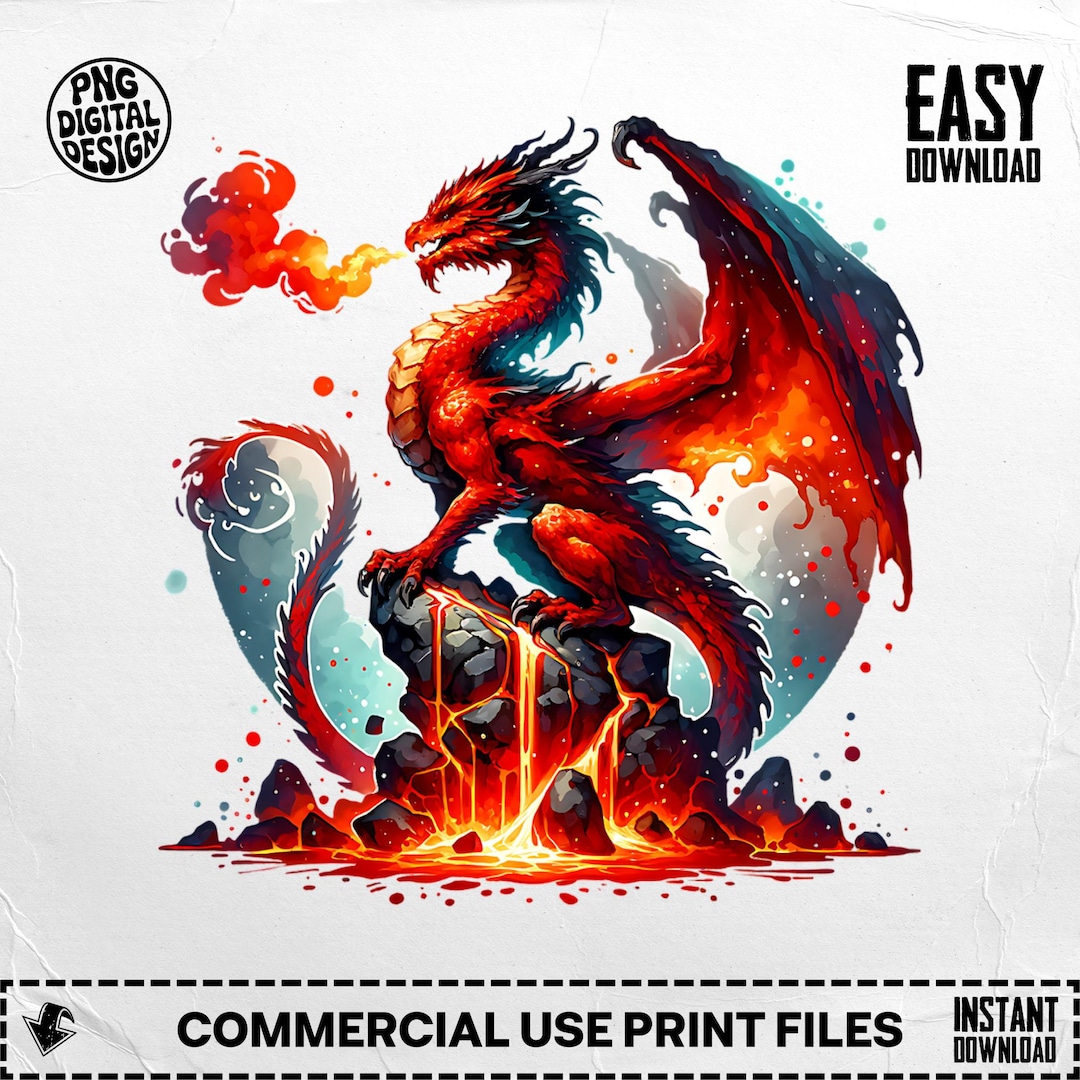 Volcano Dragon Watercolor Clipart: Red Fire Fantasy PNG (digital ...