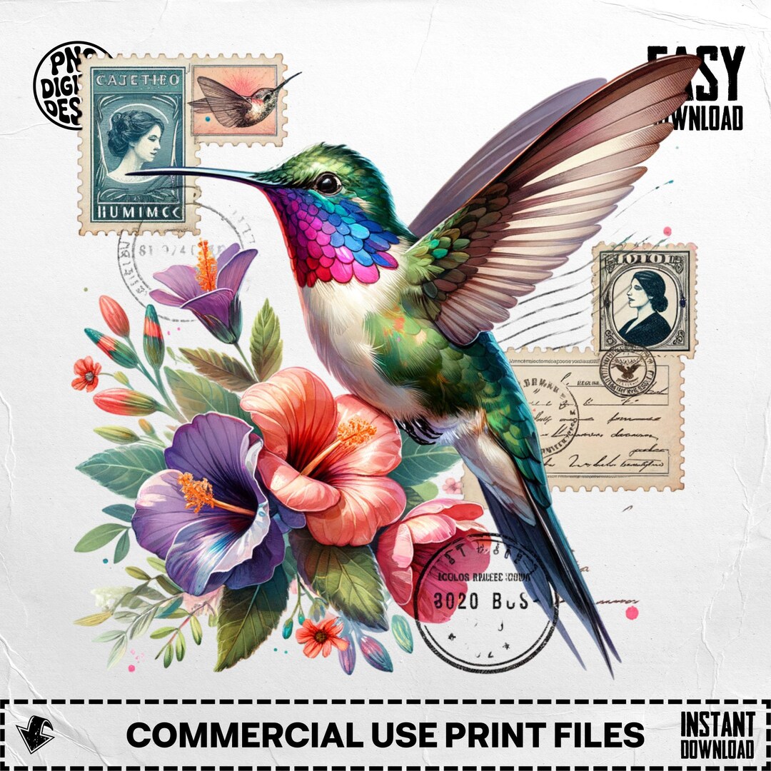 Hummingbird Floral Print: Vintage Stamps Design (PNG Digital Download ...