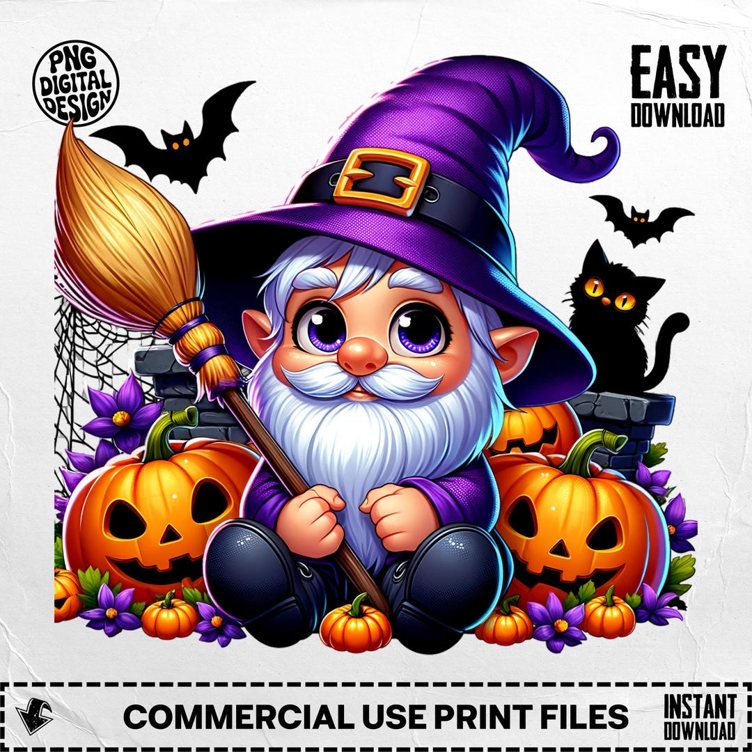 Halloween Gnome Digital, Witch Gnome, Black Cat Art, Pumpkin Clipart ...