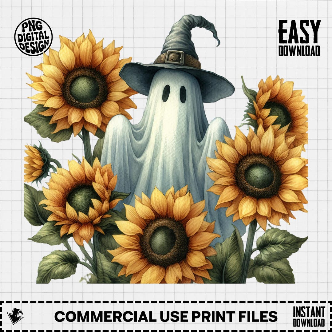 Spooky Ghost & Sunflower Clipart: Halloween Autumn PNG (digital ...