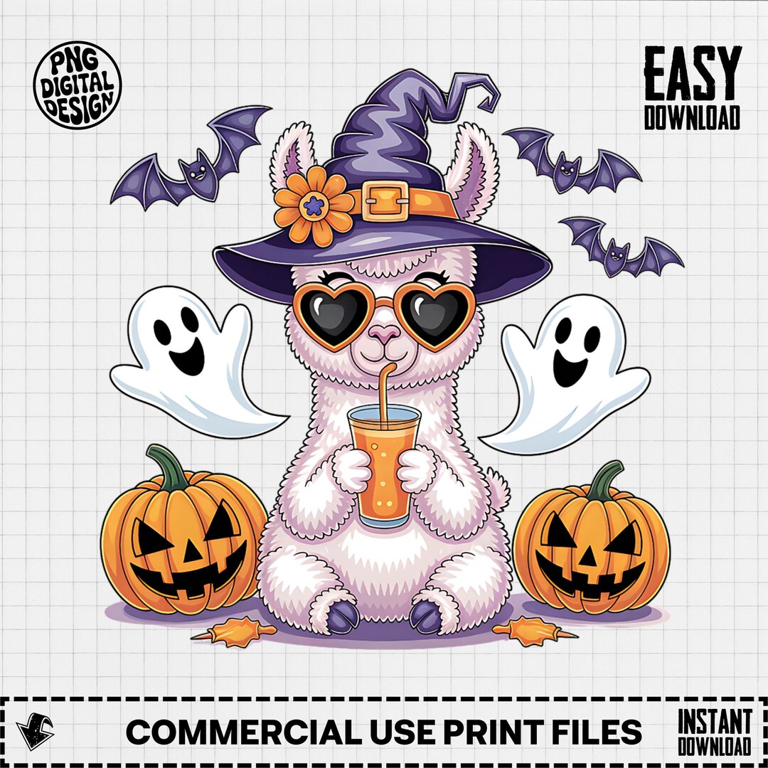 Halloween Witch Llama Clipart, Ghost Bat Pumpkin PNG (digital Download ...