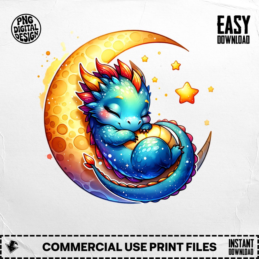 Watercolor Baby Dragon Clipart: Sleepy Moon Nursery Art (PNG Download ...