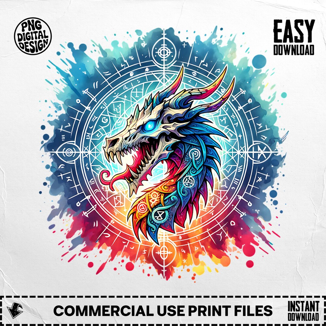 Rune Dragon Watercolor Clipart, Bone Undead Dragon, Dark Fantasy PNG ...