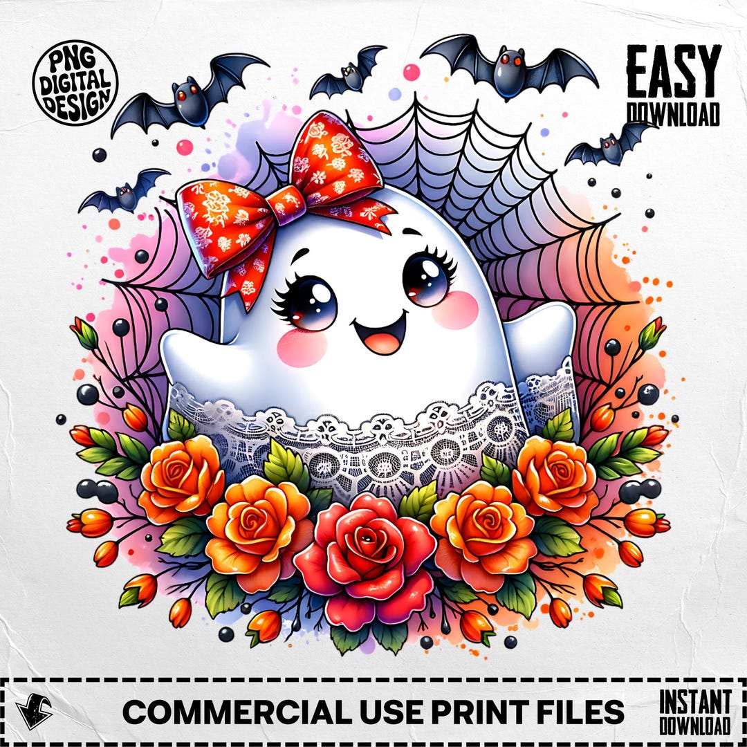 Kawaii Ghost Clipart, Roses, Bats, Halloween PNG (digital Download) - Etsy