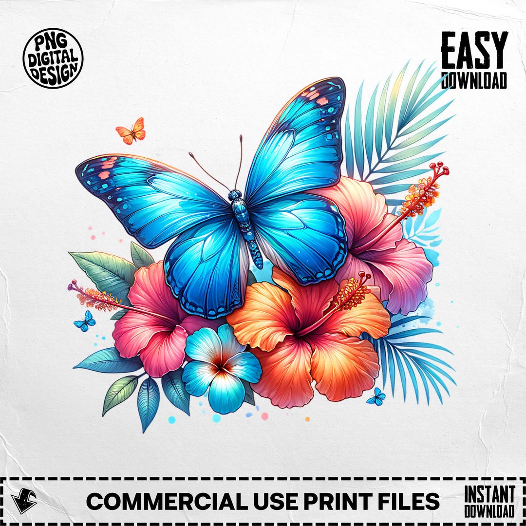 Blue Morpho Butterfly Art Print: Tropical Hibiscus Floral Illustration ...