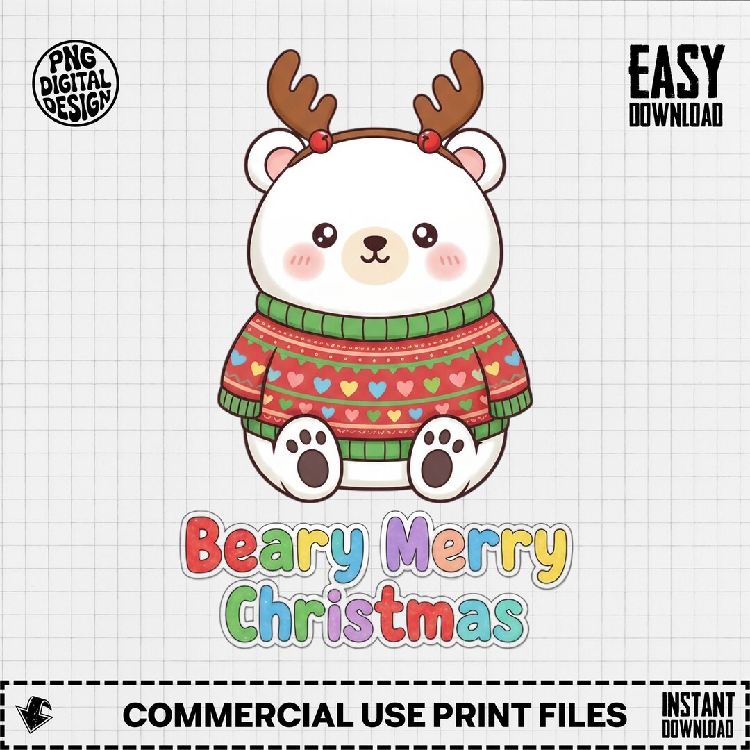 Christmas Bear Clipart, Reindeer Antlers, Animal PNG (digital Download ...