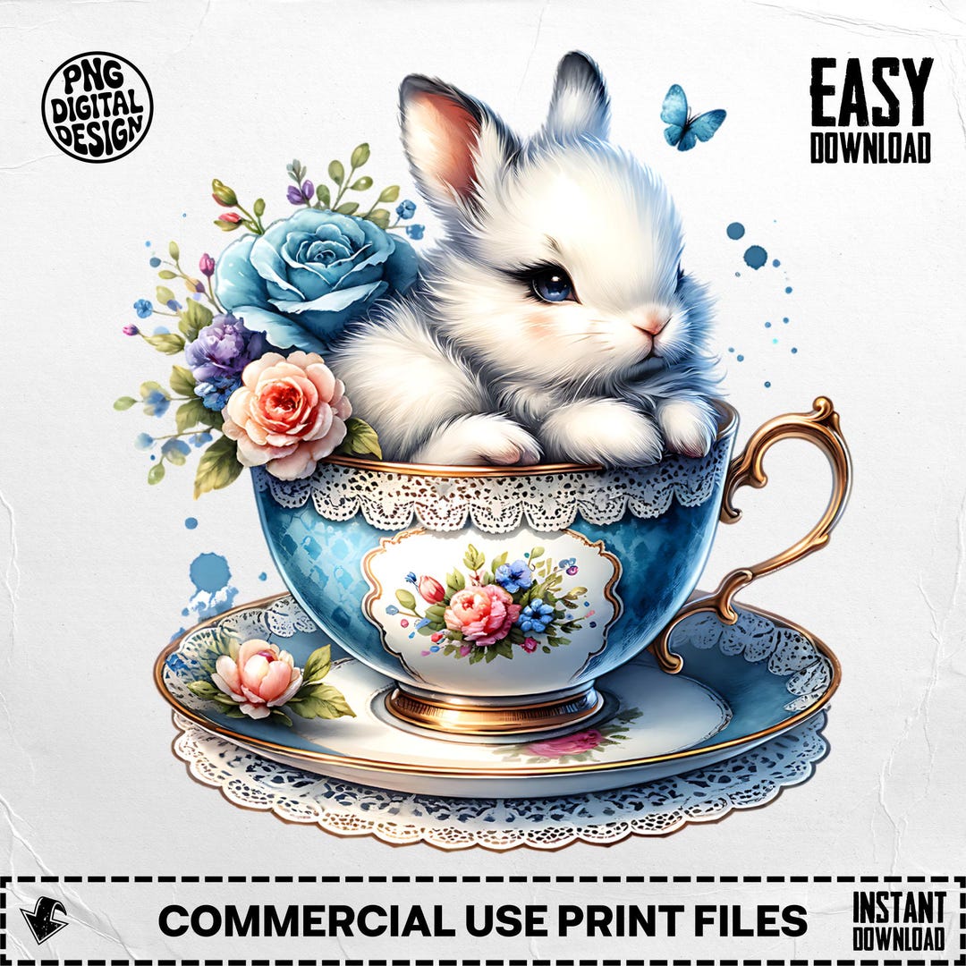 Watercolor Bunny Clipart: Floral Teacup Rabbit PNG (commercial License ...
