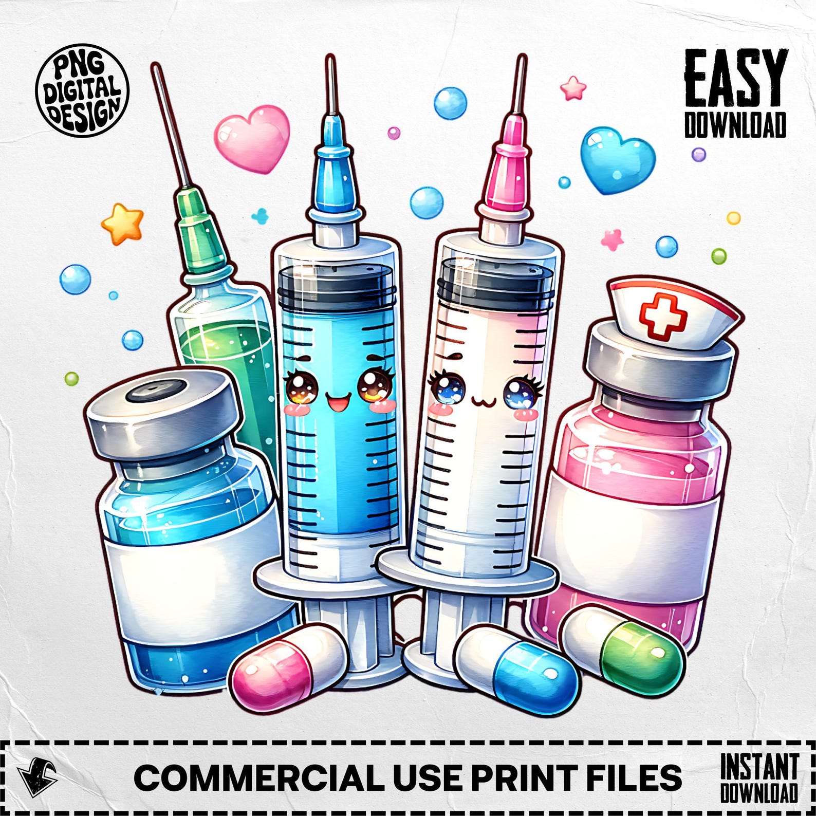 Cute Vaccine Syringe Digital Download 300 DPI PNG, Medical Kawaii Art ...