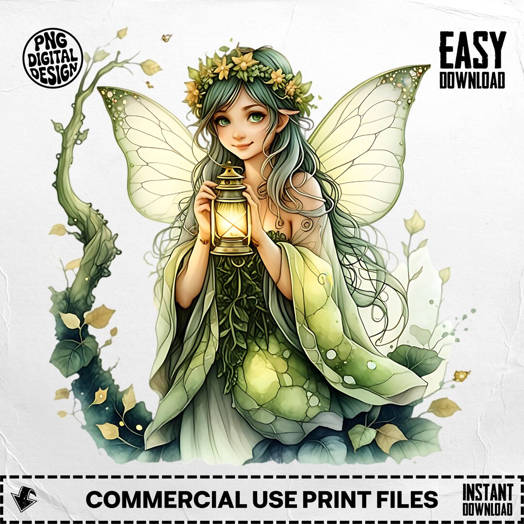 Green Fairy Digital Download PNG, Floral Crown Fairy Art, Lantern Fairy ...