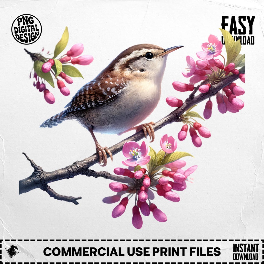 Carolina Wren Digital Art: Bird on Branch With Pink Blossoms (PNG ...