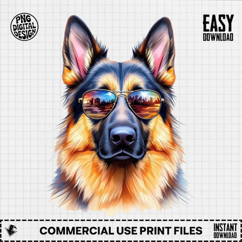 Cool German Shepherd Clipart, Dog With Shades (PNG) - Etsy