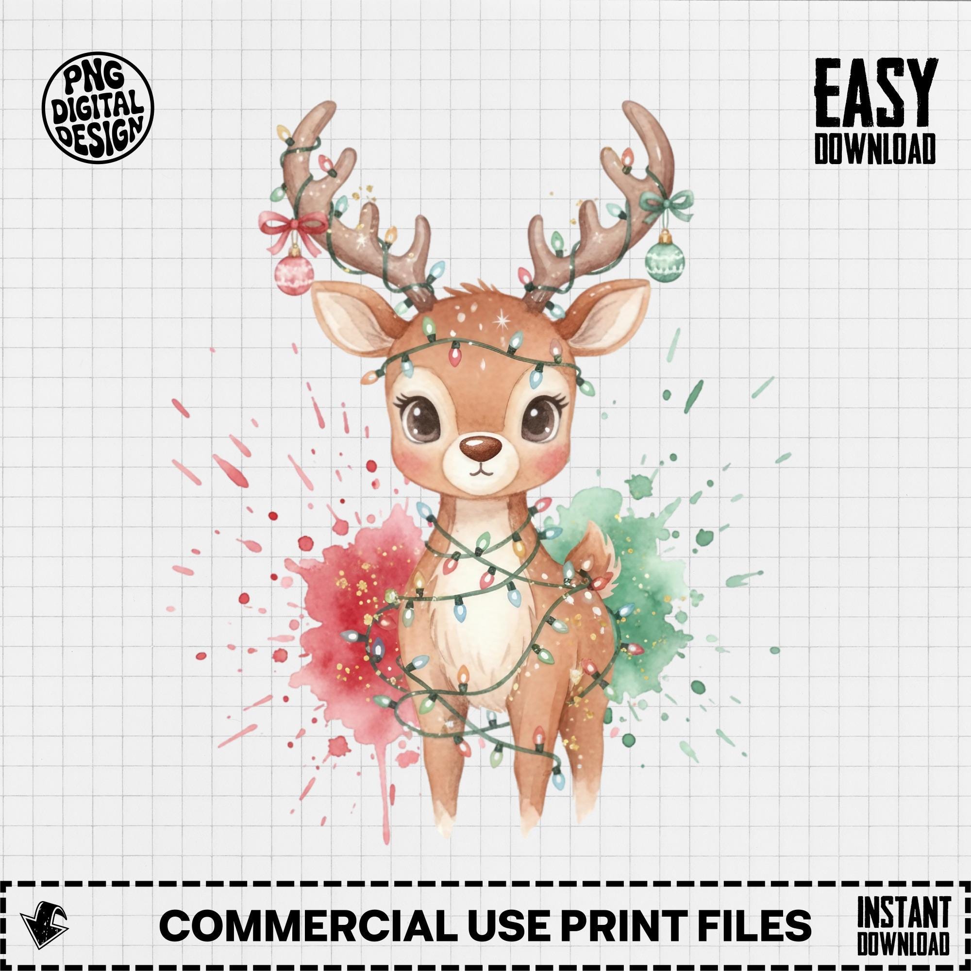 Watercolor Christmas Reindeer Lights PNG, Holiday Digital Art (digital ...