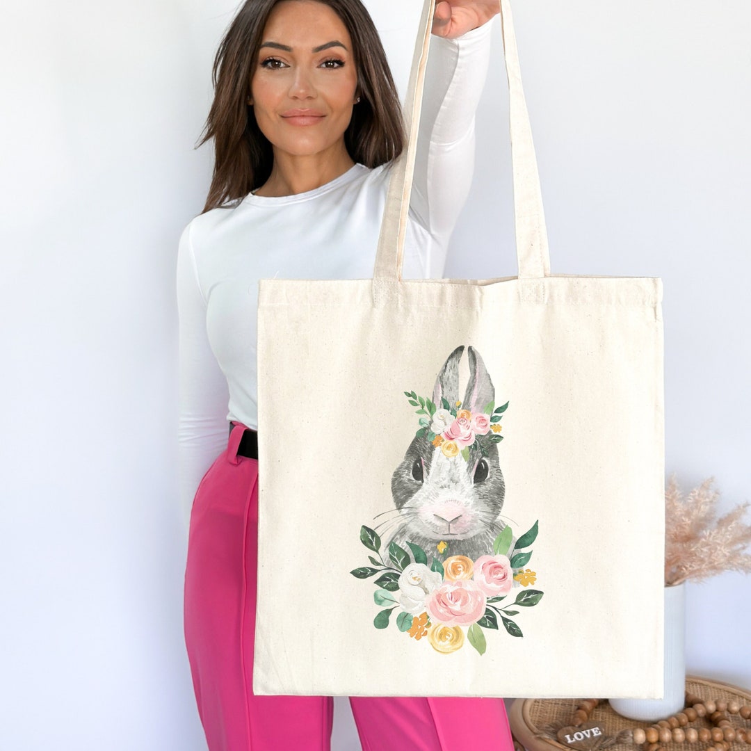 Cute Bunny Canvas Tote Bag, Pretty Rabbit Tote Bag, Easter Bag ...