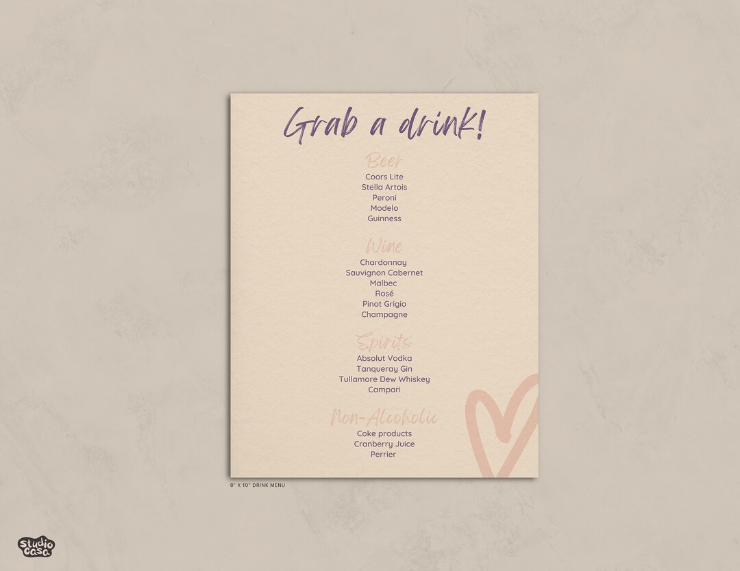 Cute Wedding Drink Menu | Purple Canva Wedding Template | Sweet ...