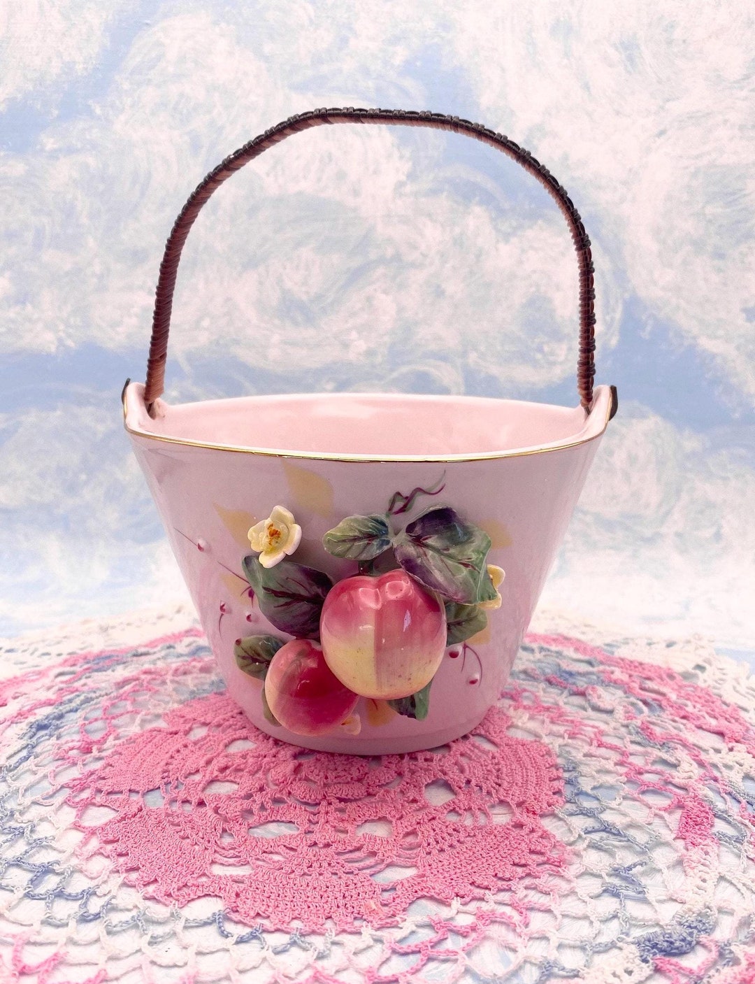 Lefton Vintage Pink Porcelain Peach Fruit Basket With Wicker Handle - Etsy