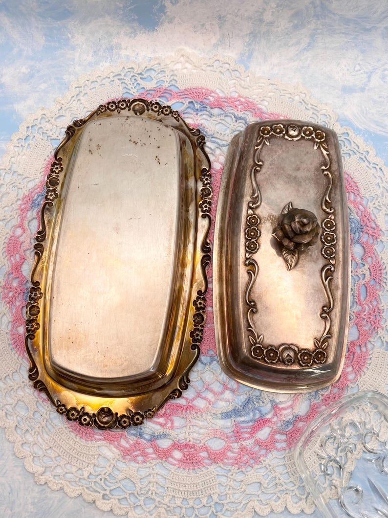 Rose Pattern Silver Plate Butter Dish With Glass Insert F. B. Rogers ...