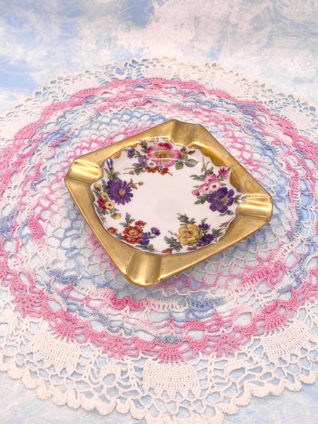 Josef W. Kuba Gold and Floral Vintage Ashtray Made in Bavaria Germany ...