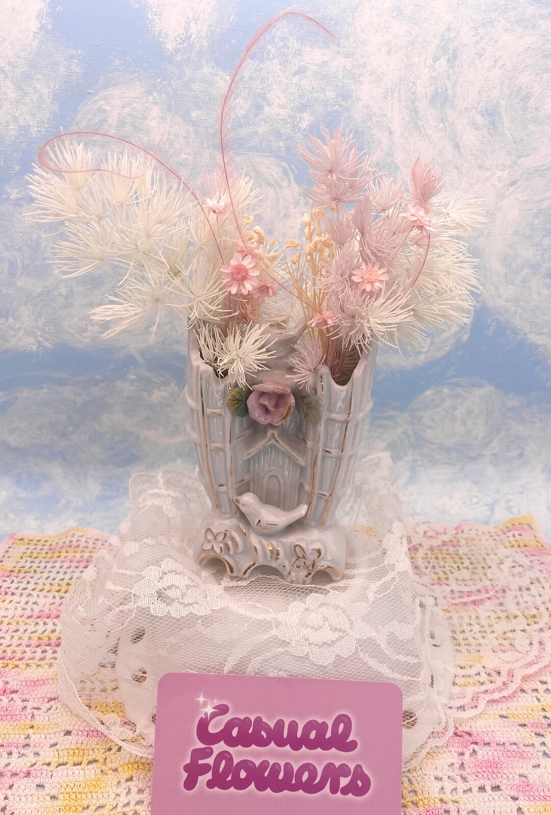 Dual Chamber Dove Mini Vase With Twin Coquette Pink Dried Floral ...