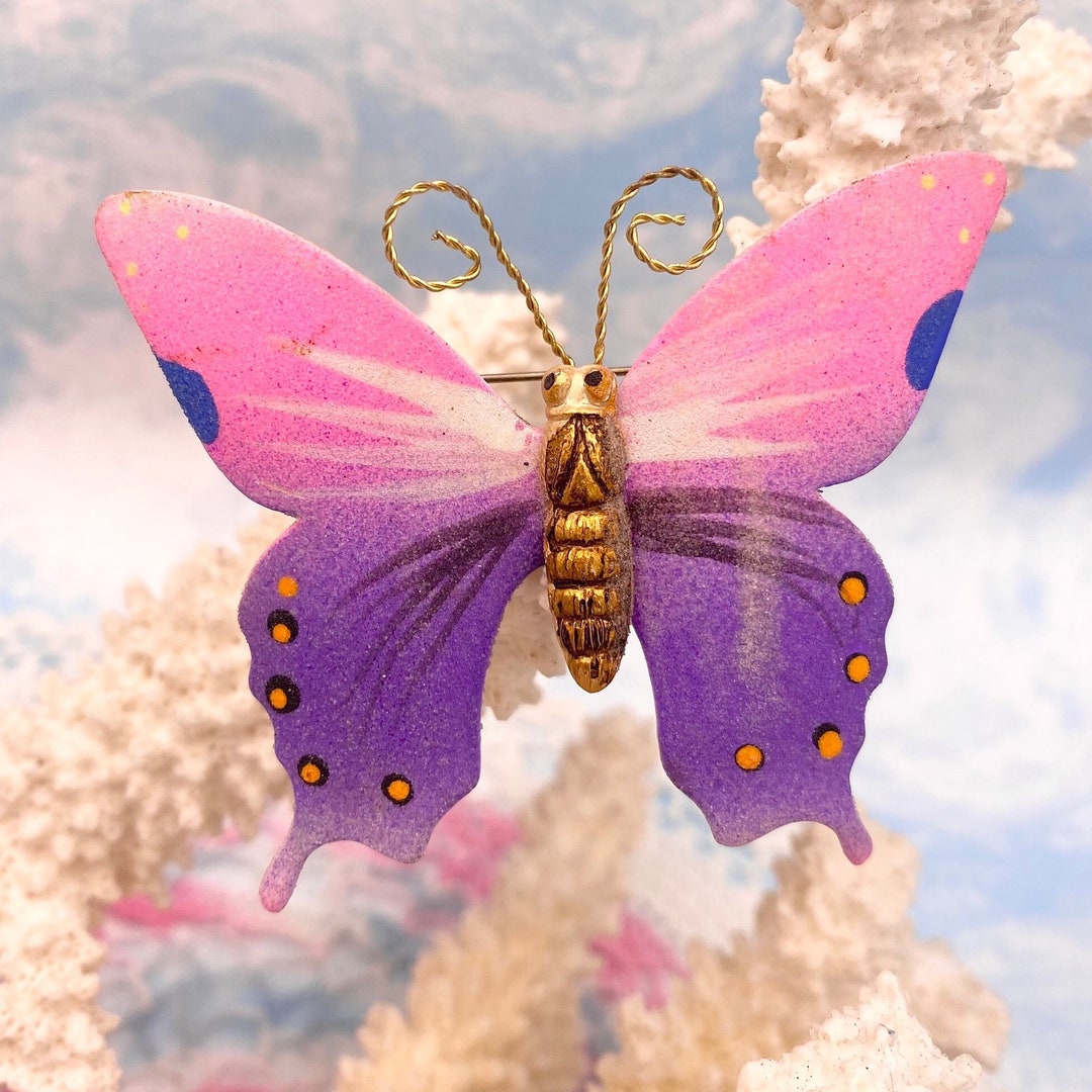 Pink & Purple Butterfly Brooch Pin Made in Korea Vintage 1960's - Etsy