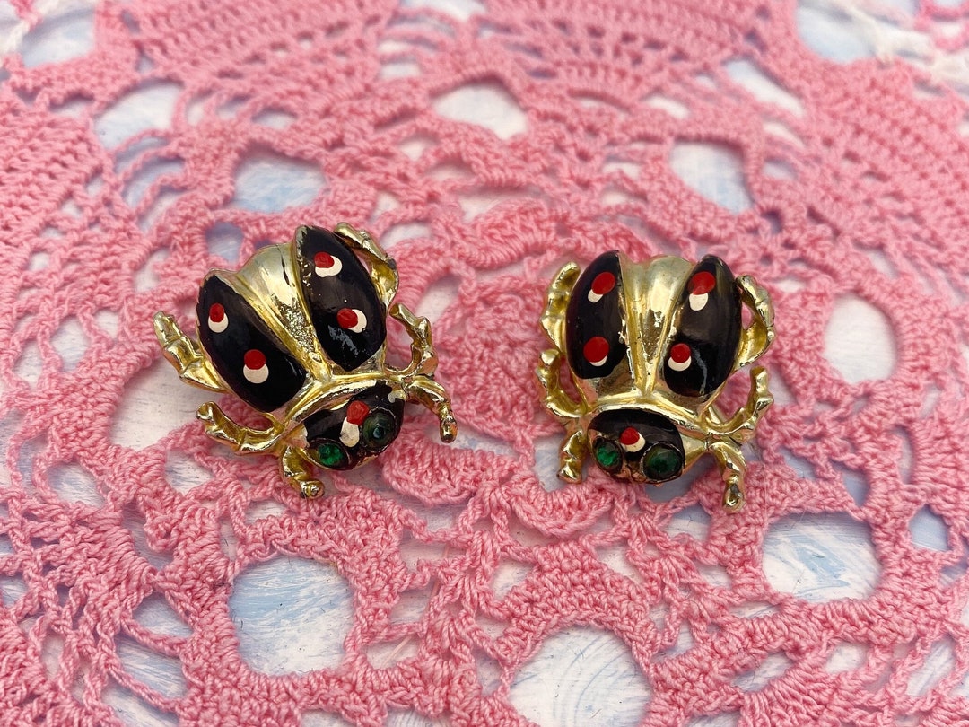 Pair of Vintage Ladybug Pins With Black and Red Enamel and Green ...
