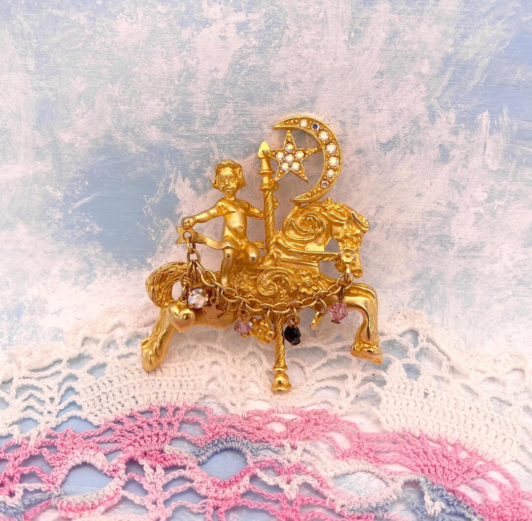Cherub Riding Carousel Horse Under Crescent Moon & Star Crystal Charm ...
