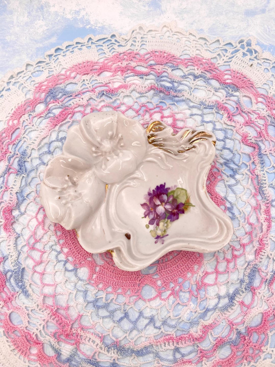 Antique Floral Violet Teabag Holder Trinket Dish - Etsy