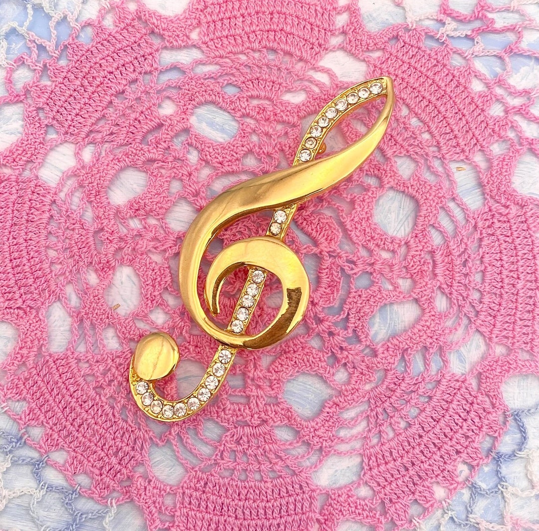 Gold & Crystal Treble Clef Musical Note Costume Brooch Pin - Etsy