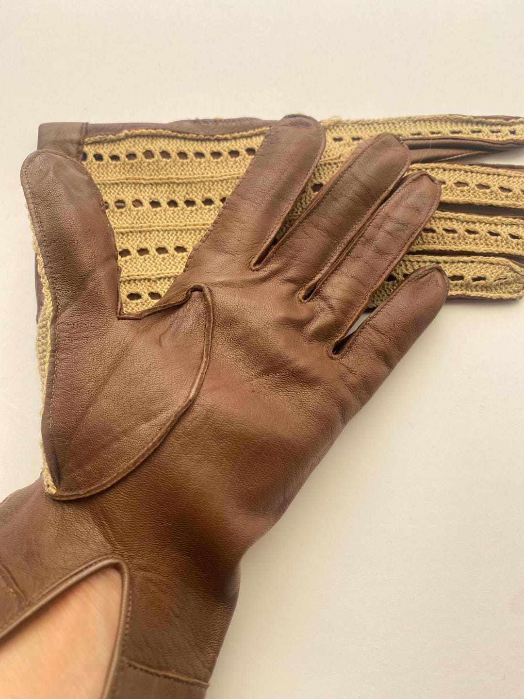 50's Men’s Driving Gloves Brown Leather Cream Knit 8-9 - Etsy