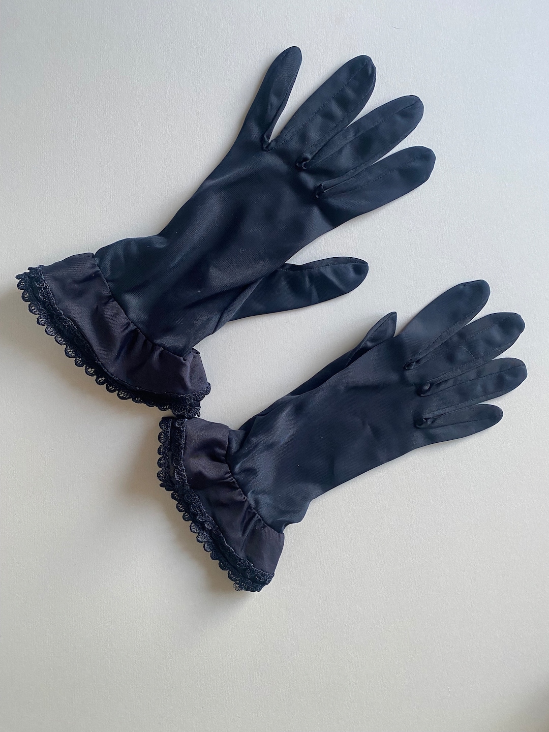 Darkest Blue Sheer Gloves Ruffle Cuff 7.5 Mourning Funeral Little Black ...