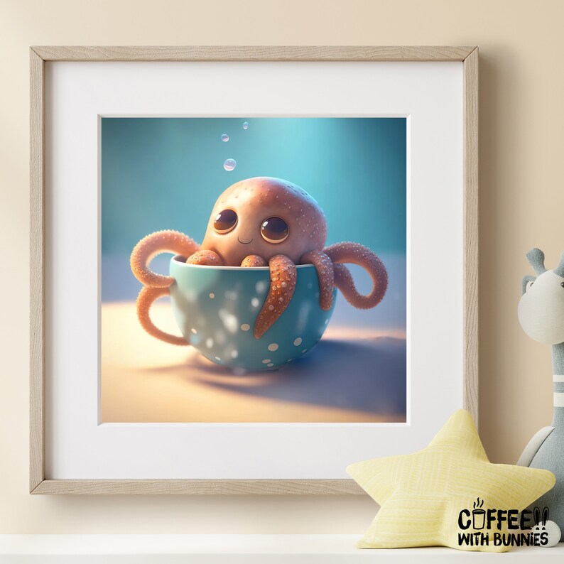 Adorable Octopus in a Coffee Mug Octopus Art Print Bubbles Nursery Wall Art Octopus Lover Gift ...