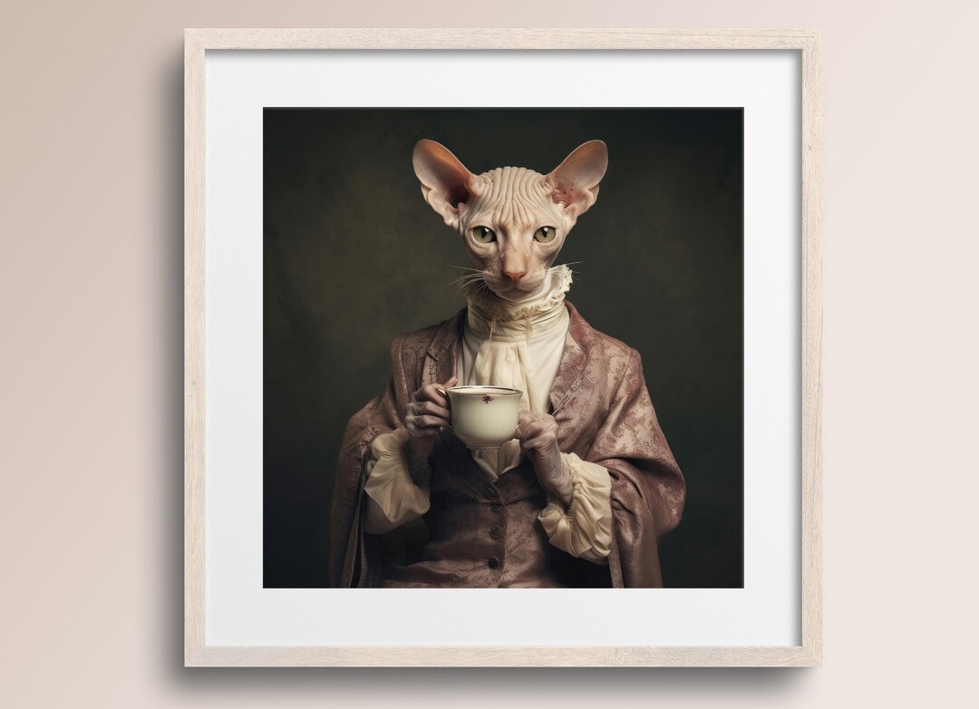 Victorian Hairless Sphynx With Coffee Cup • Cat Art Print • Victoria ...