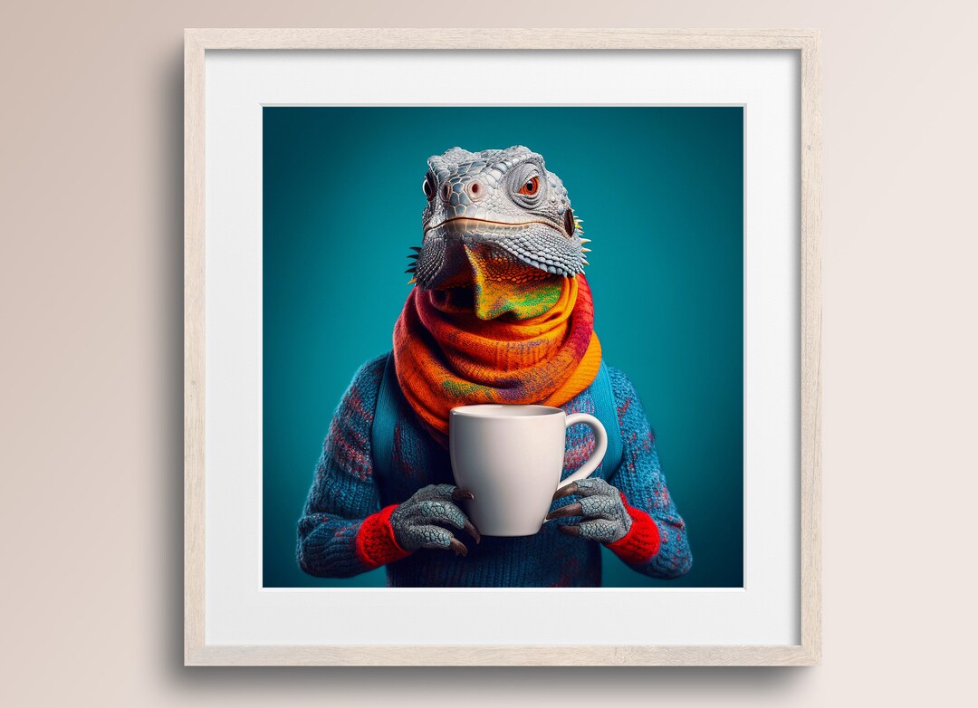 Iguana Lizard With Coffee Mug • Iguana Art Print • Nursery Wall Art ...
