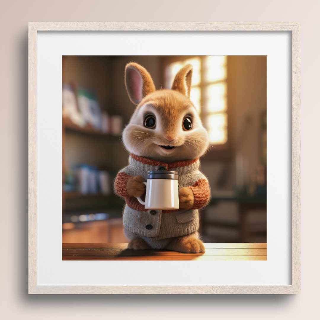 Bunny With Coffee Mug and Sweater • Bunny Art Print • Ash • Animal Art ...