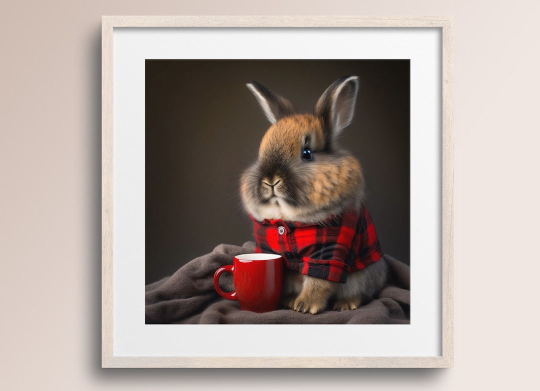 Bunny Rabbit With Coffee Mug and Lumber Shirt • Bunny Art Print • Jack ...