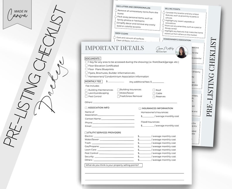 Pre-listing Checklist Package for Real Estate Agents Edit in Canva ...