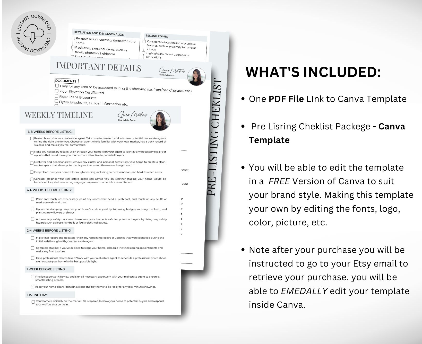 Pre-listing Checklist Package for Real Estate Agents Edit in Canva ...