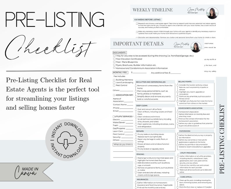 Pre-listing Checklist Package for Real Estate Agents Edit in Canva ...