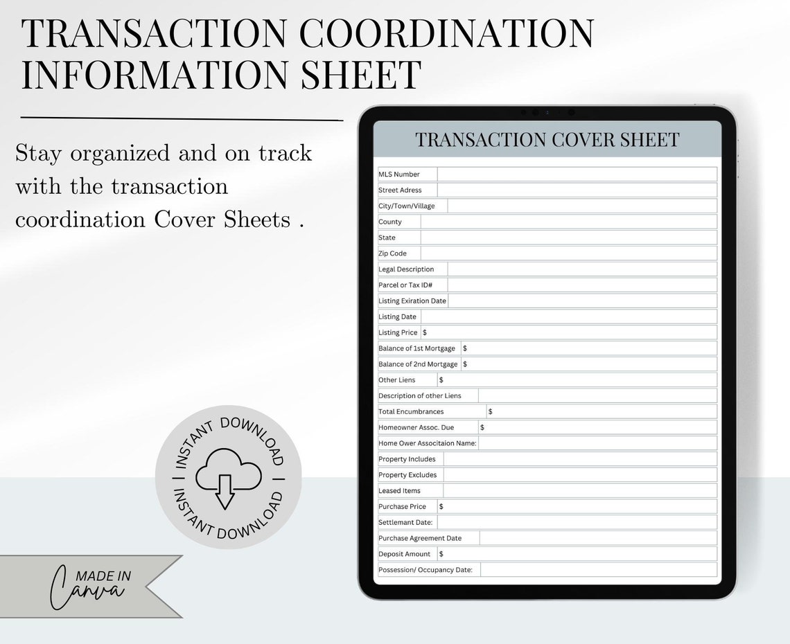 Real Estate Transaction Cover Sheet Transaction Coordinator Information ...