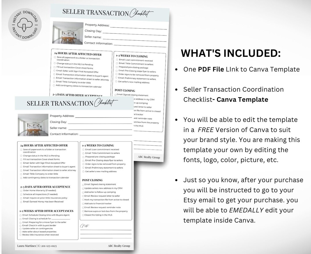 Real Estate Listing Agent Transaction Checklist for Realtor Marketing ...