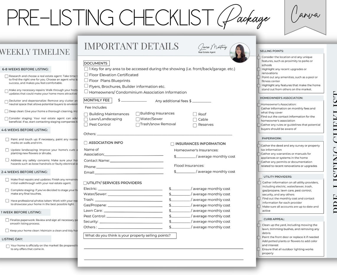 Pre-listing Checklist Package for Real Estate Agents Edit in Canva ...