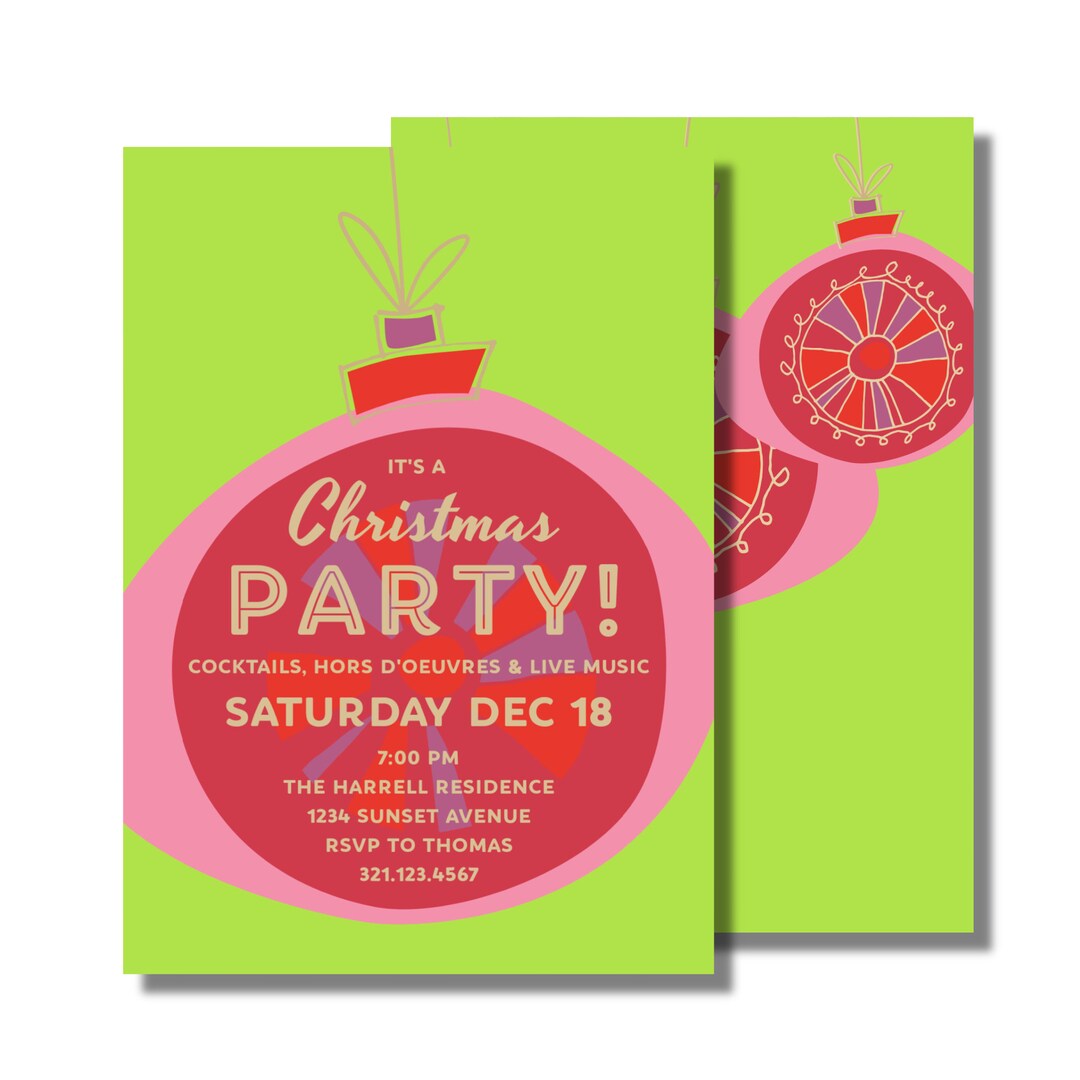 Personalized Christmas Party Invitation With Retro Bright Ornaments ...