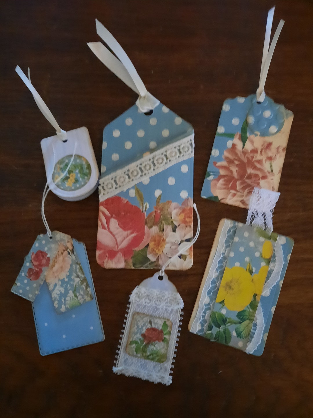 Loaded Tag With 5 Decorated Tags Vintage Lace Crochet Flowers Dots Junk ...