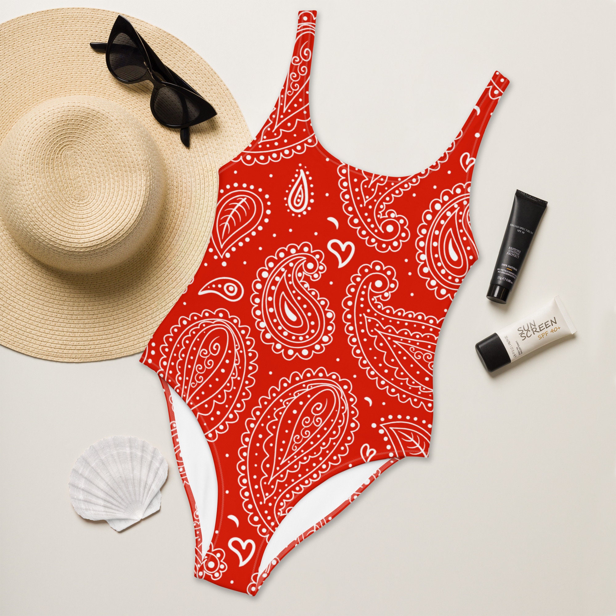 Red Paisley One-piece Swimsuit | Cheeky Scoop Back Bathing Suit - Etsy