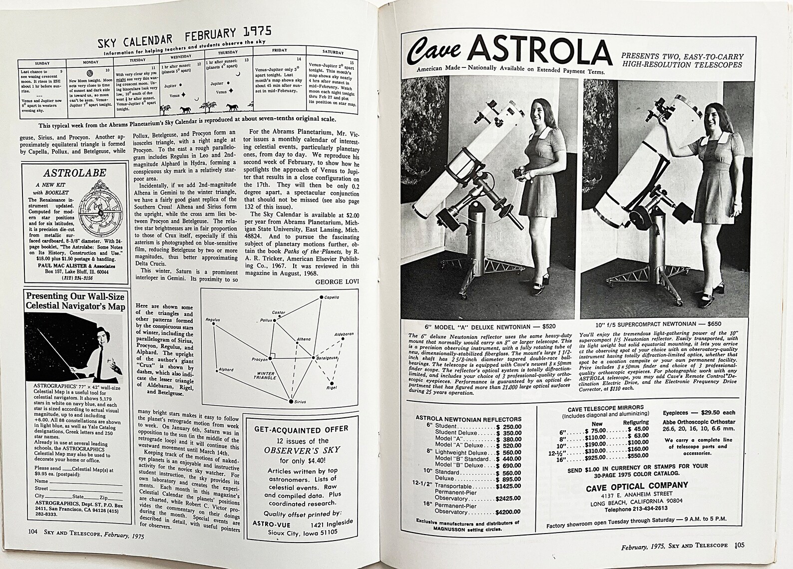 Vintage Sky and Telescope Magazine February 1975 With Questar Telescope ...