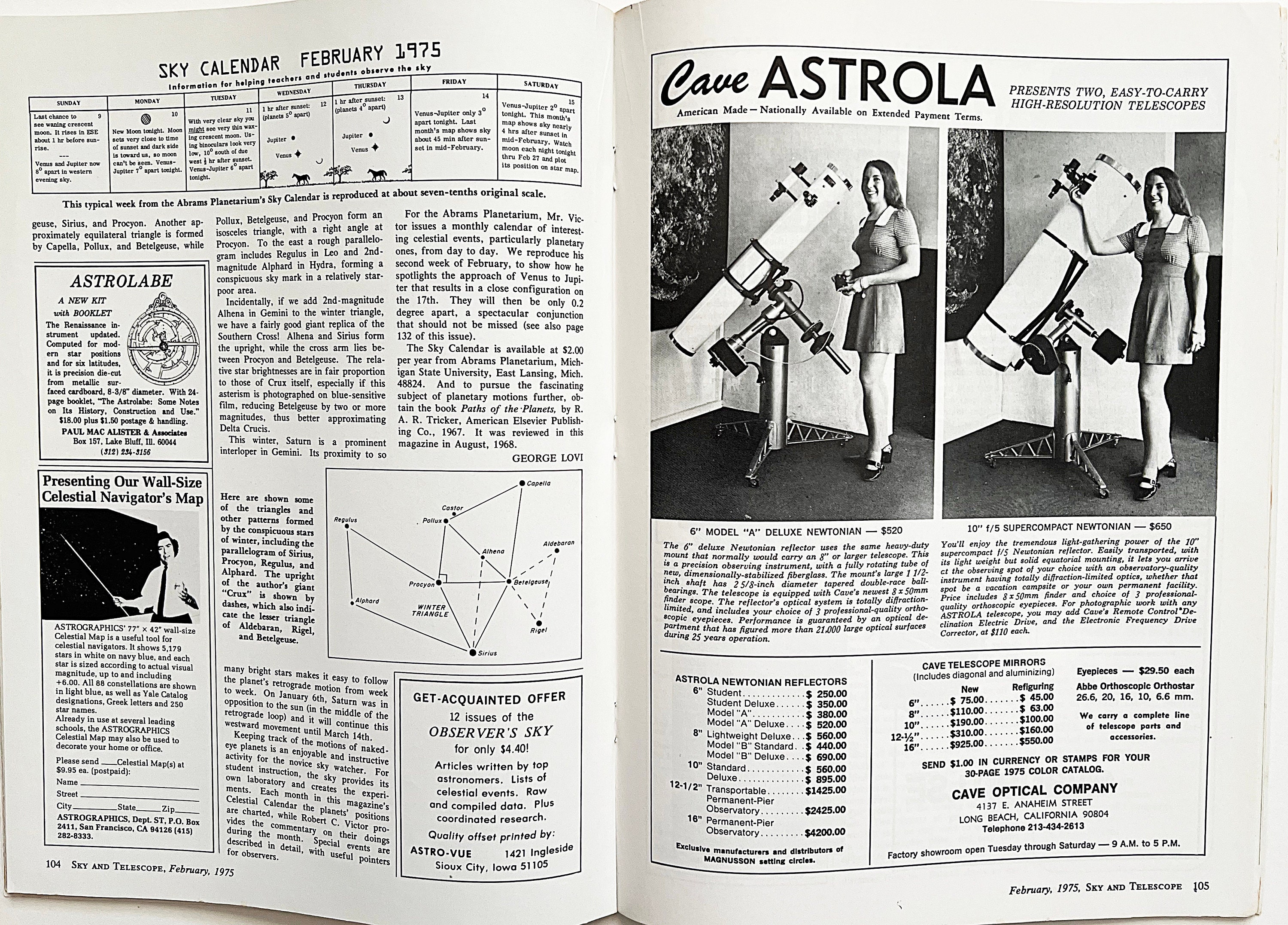 Vintage Sky and Telescope Magazine February 1975 With Questar Telescope ...
